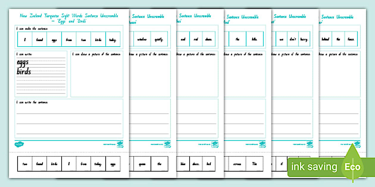 New Zealand Reading Turquoise Sight Words Sentence Unscramble
