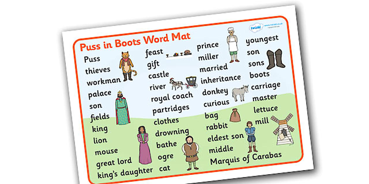 Puss in Boots Word Mat (Text) (Teacher-Made) - Twinkl