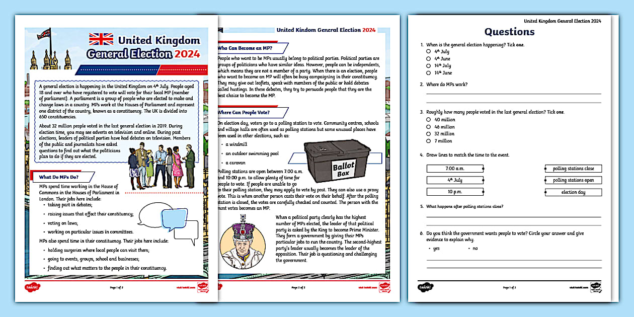 LKS2 General Election Reading Comprehension Activity