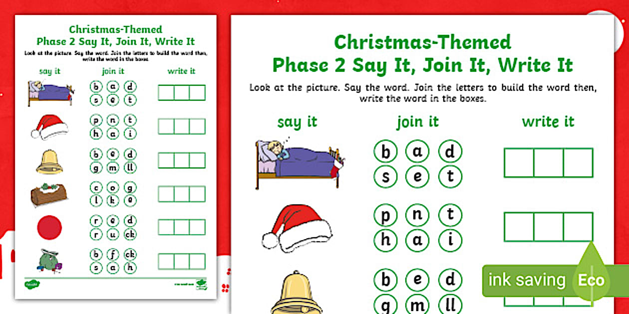 Cursive Christmas-Themed Phase 2 Say It, Join It, Write It Activity