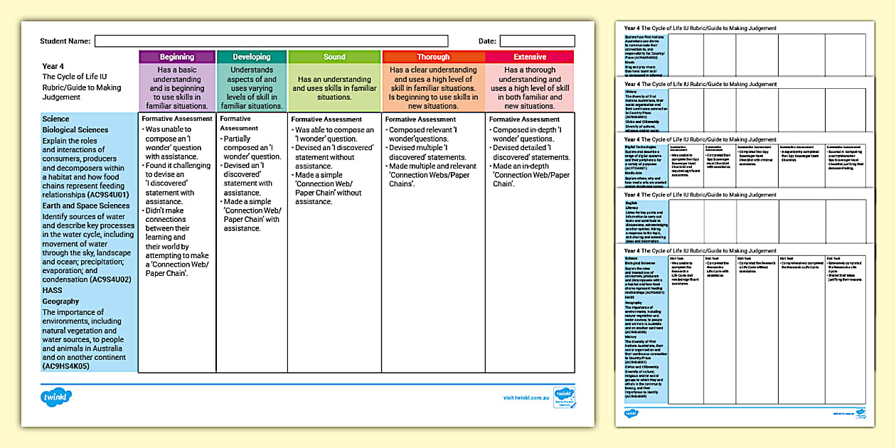 The Cycle of Life Yr 4 IU Assessment Rubric - Twinkl