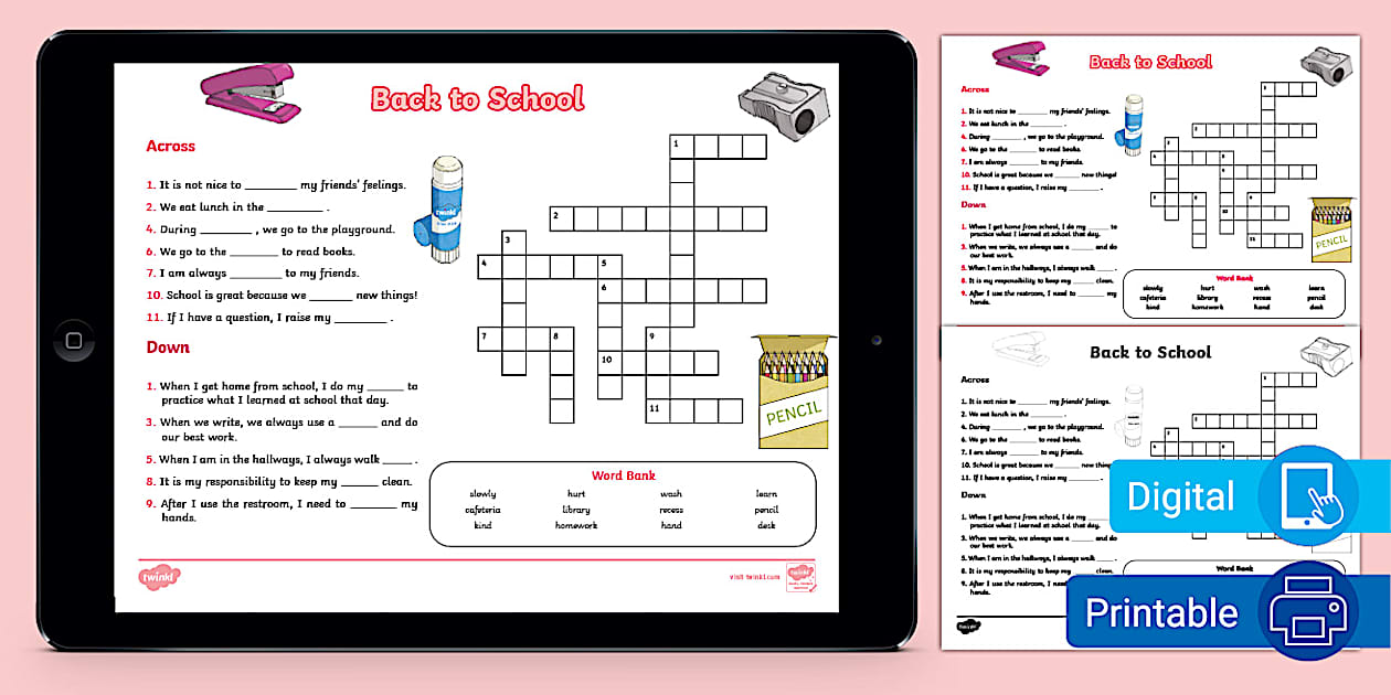 Back to School Crossword for 3rd-5th Grade | Twinkl USA