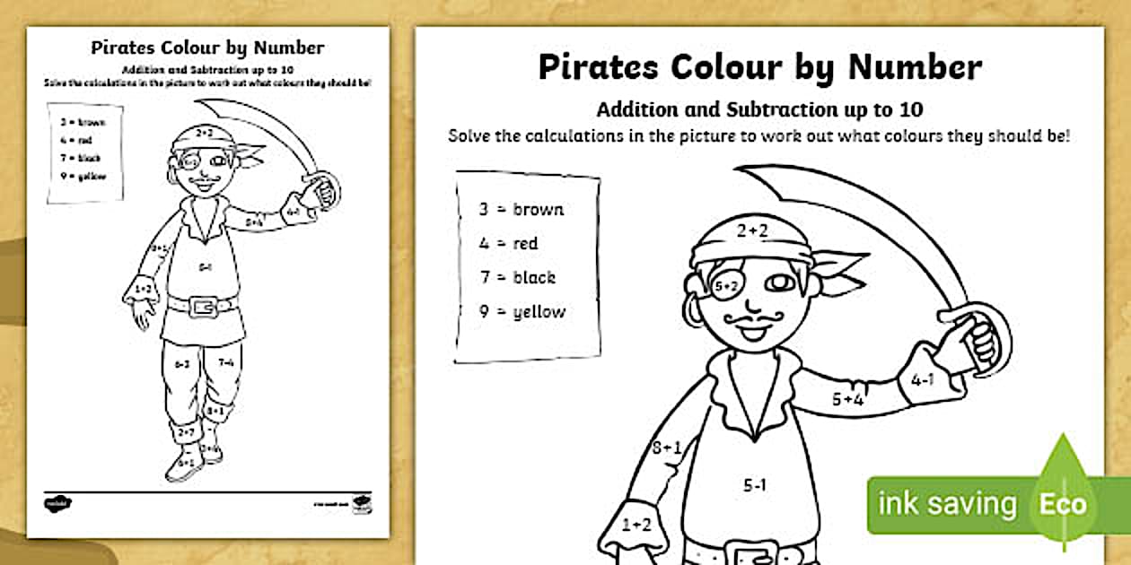 Pirates Colour by Number Addition and Subtraction Up to 10 - 10