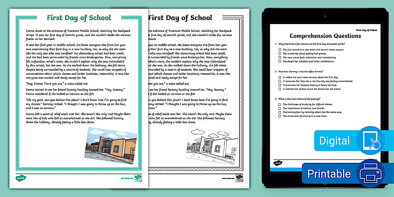 Seventh Gr First Day of School Reading Passage Comprehension