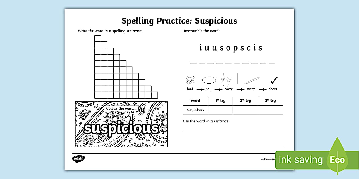 Suspicious Spelling Practice Worksheet (teacher made)