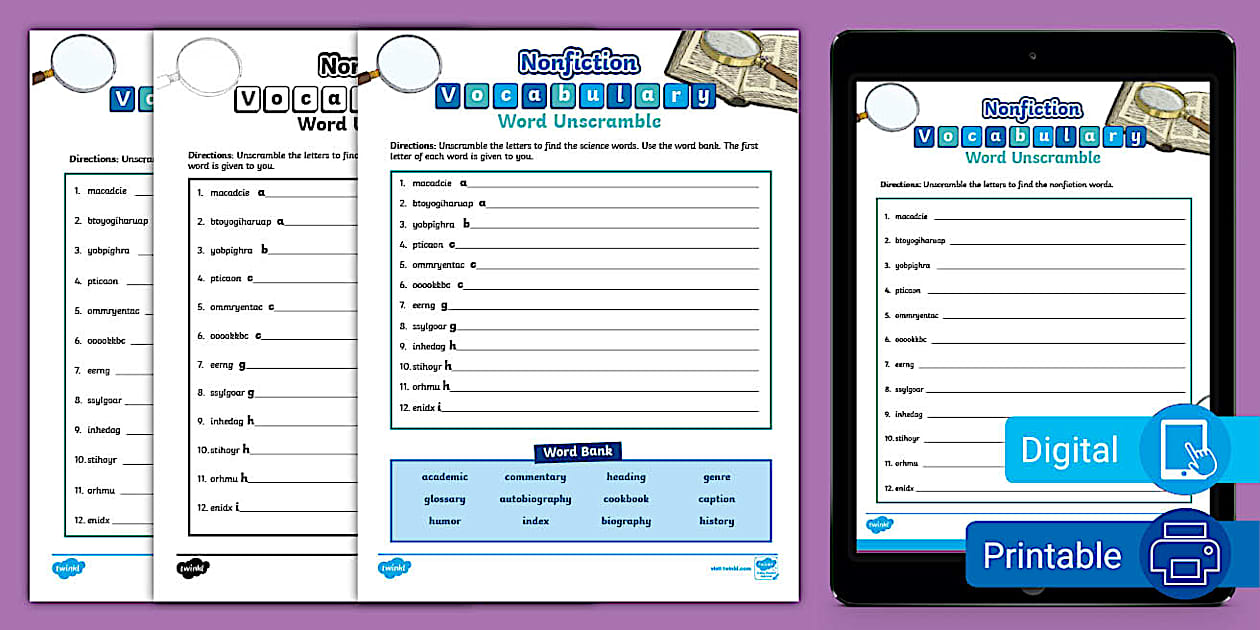 Tier 3 Vocabulary Differentiated Word Unscramble: Nonfiction