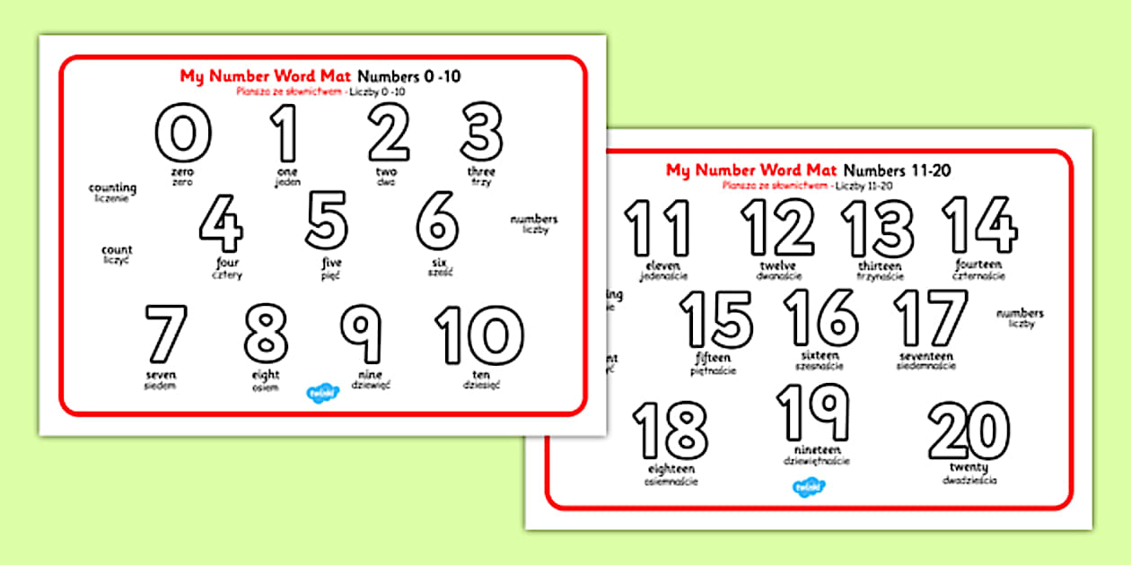 Numbers and Words 0-20 Word Mat Polish Translation - Twinkl