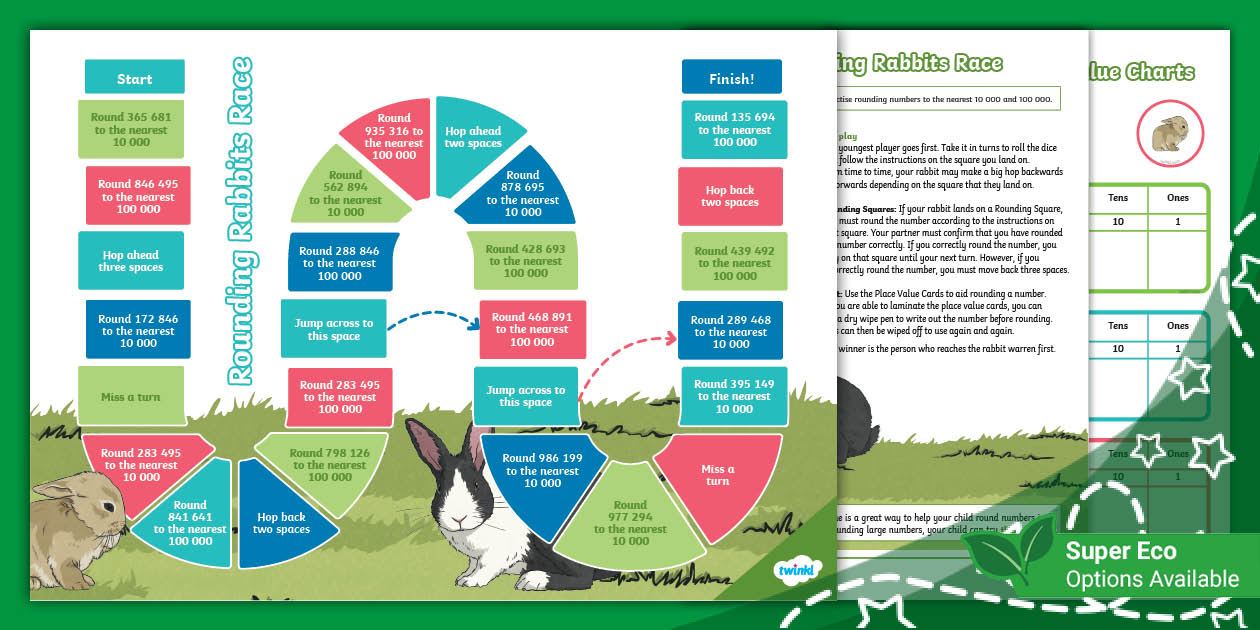 Rounding Rabbits Maths Board Game (professor feito) - Twinkl