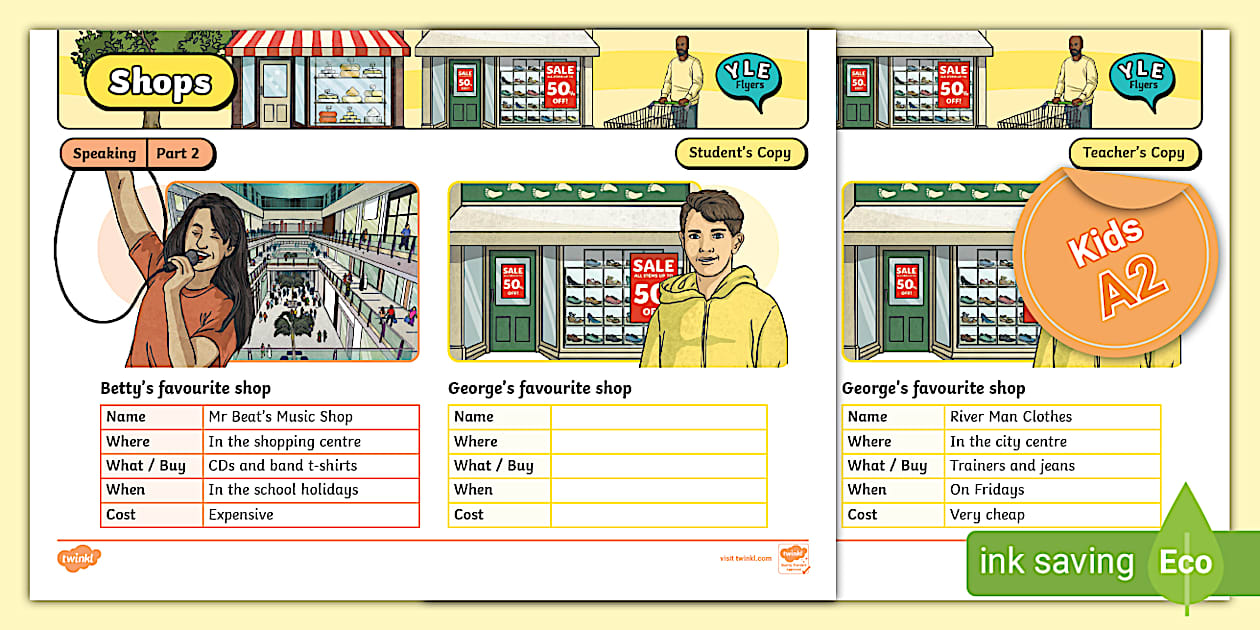 ESL YLE Flyers Speaking Part 2 Worksheet (Shops) [Kids, A2]