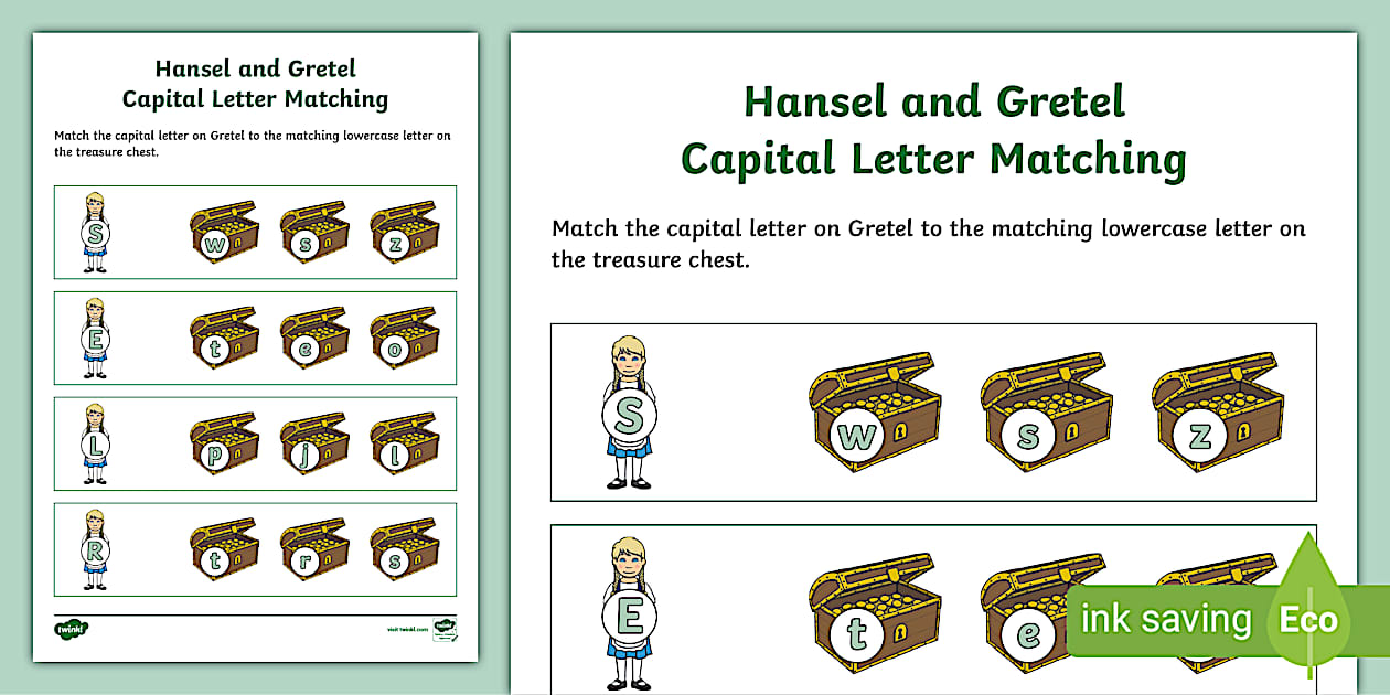 Cursive Hansel and Gretel Themed Capital Letter Matching Worksheet