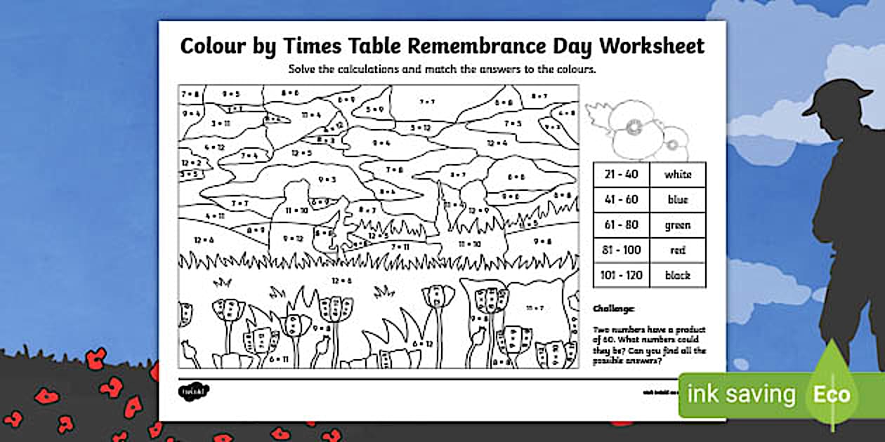 Editable Colour by Times Table Remembrance Day Worksheet