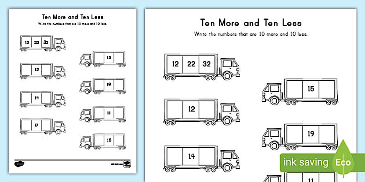 Editable Ten More and Ten Less Truck Activity Worksheet