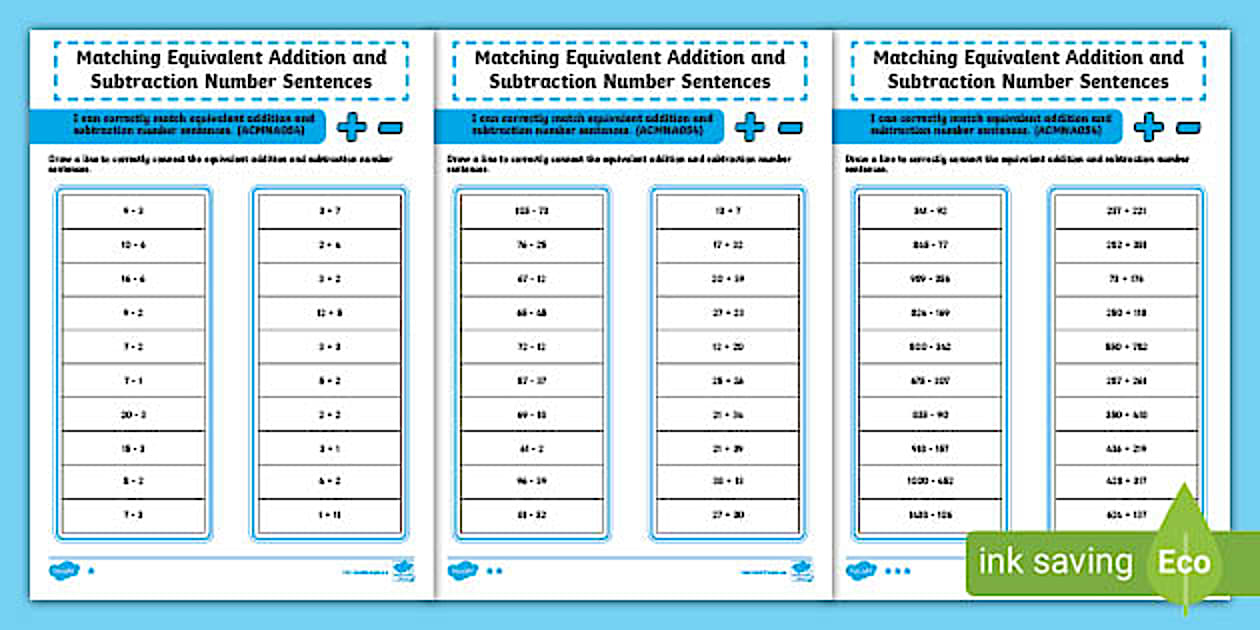 Matching Equivalent Addition and Subtraction Number Sentences