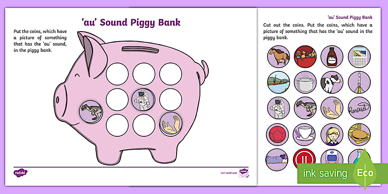 'au' Sound Piggy Bank Worksheet (Teacher-Made) - Twinkl