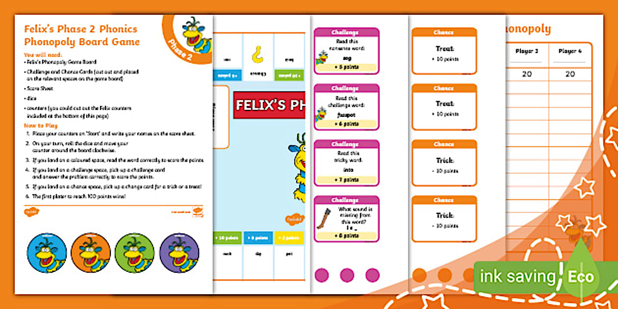 Felix's Phase 2 Phonics Phonopoly Board Game (teacher made)