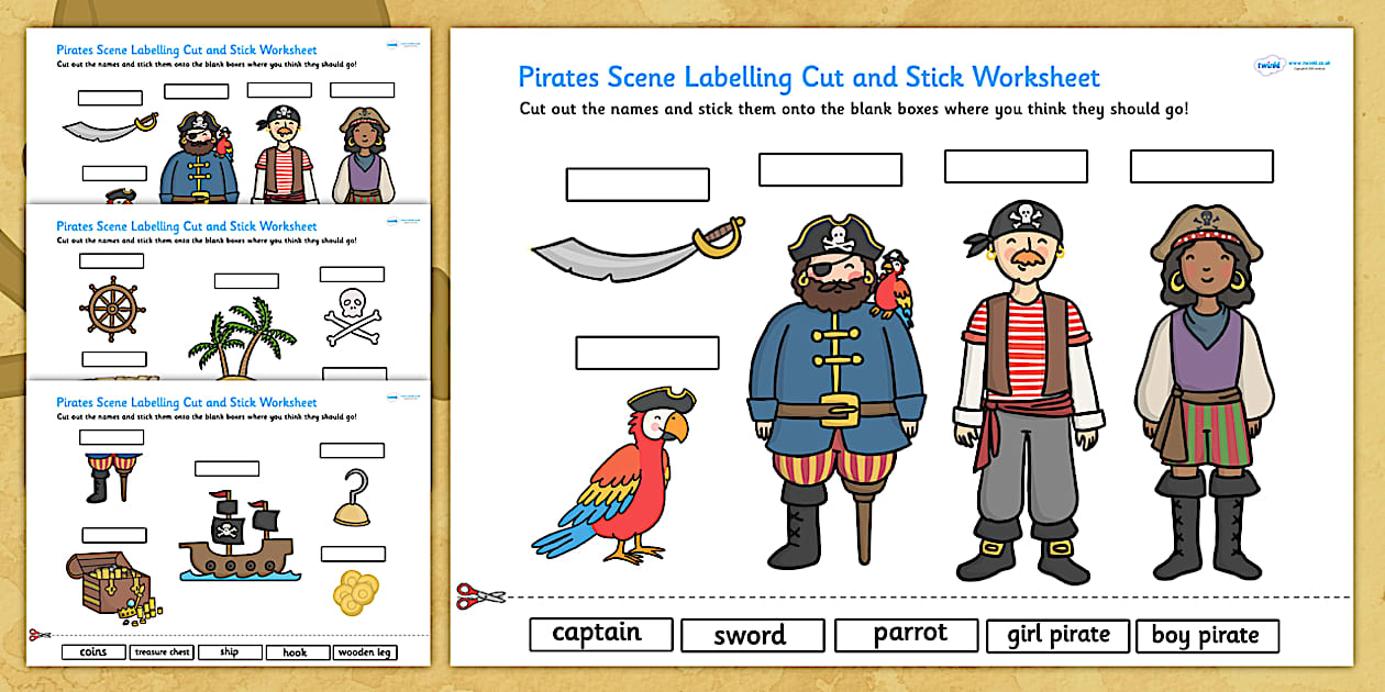 Black and White Pirates Scene Labelling Cut and Stick Worksheet