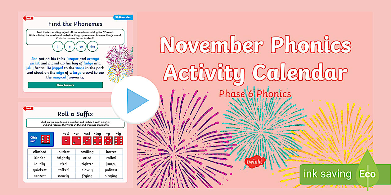 Phase 6 Phonics - Activity Calendar PPT - November - KS1