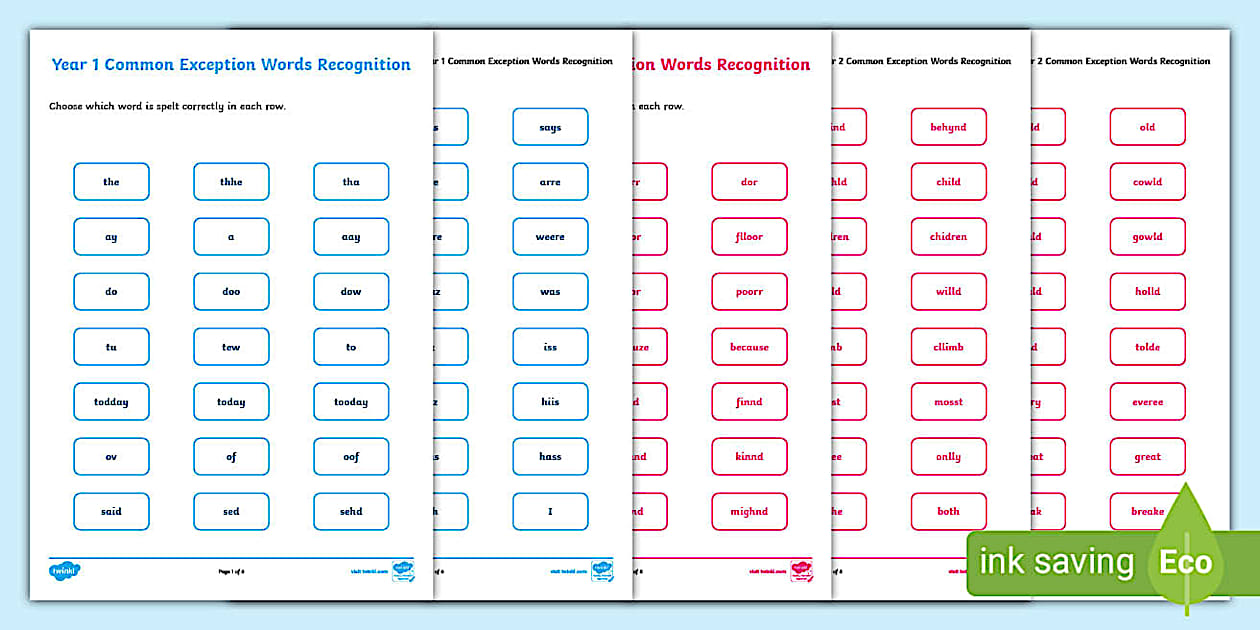 Year 1 and 2 Common Exception Words - Recognition Worksheet
