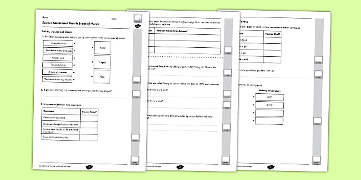 Year 4 States of Matter End of Unit Assessment - Twinkl