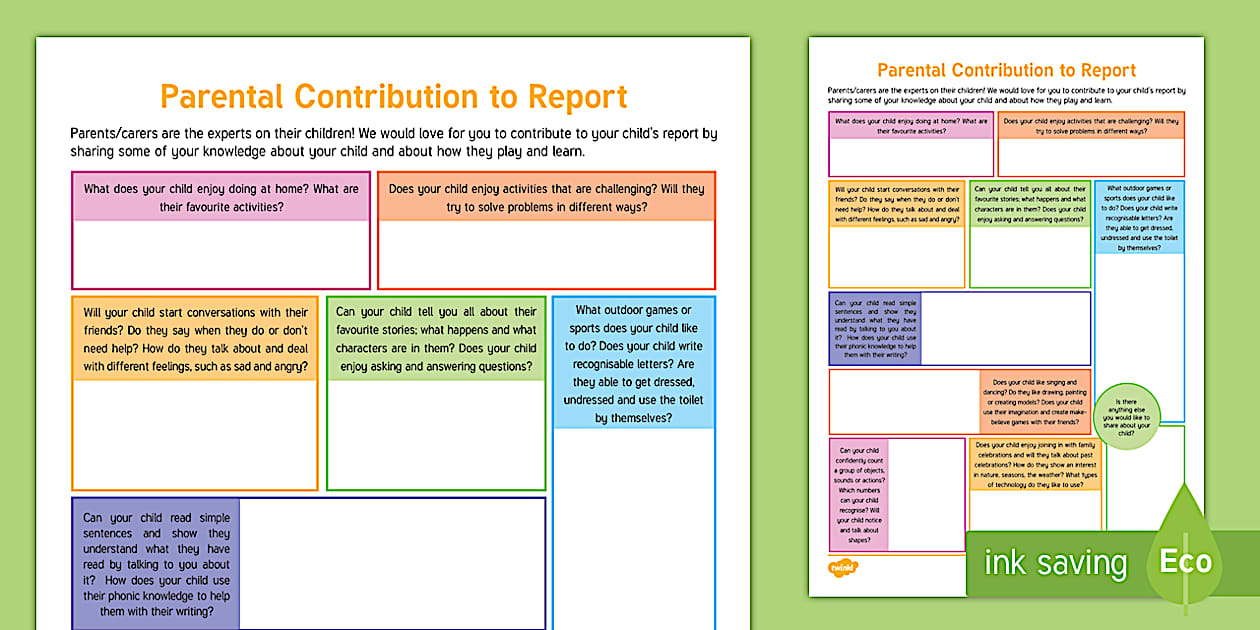 Editable Parental Contributions to Reception School Report