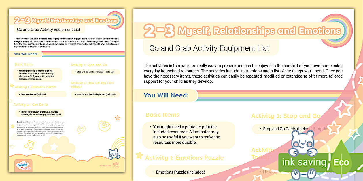 2-3 years Myself Relationships Emotions Equipment List