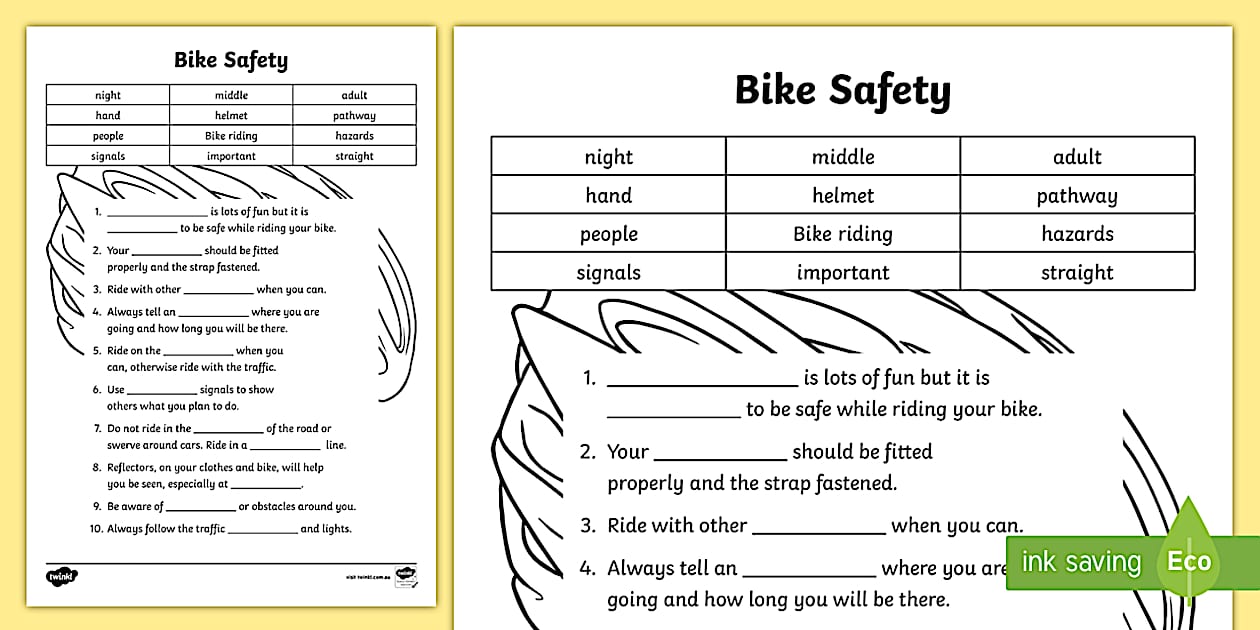 Bike Safety Cloze Worksheet (nauczyciel wykonał) - Twinkl