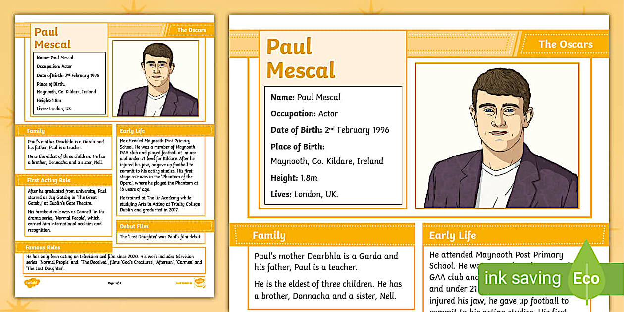 Paul Mescal Fact File | Irish Actors | Twinkl - Twinkl
