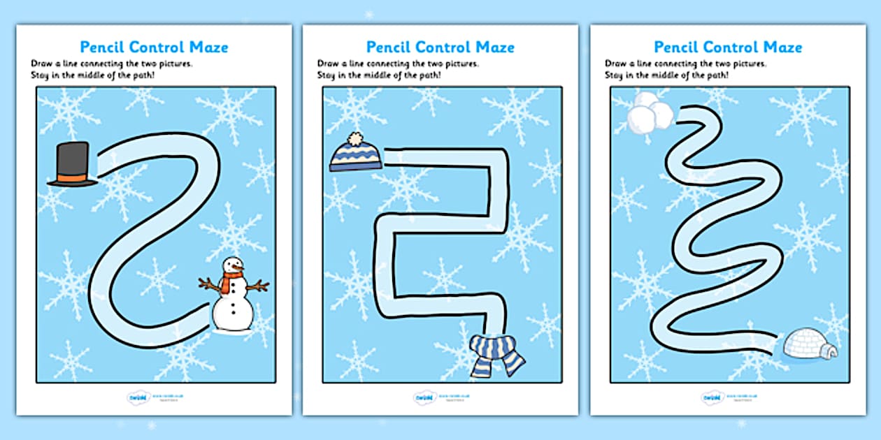 Winter Themed Pencil Control Maze Worksheets - Twinkl