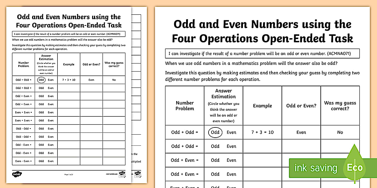 Odd and Even Numbers Using the Four Operations Open Ended Task Worksheet