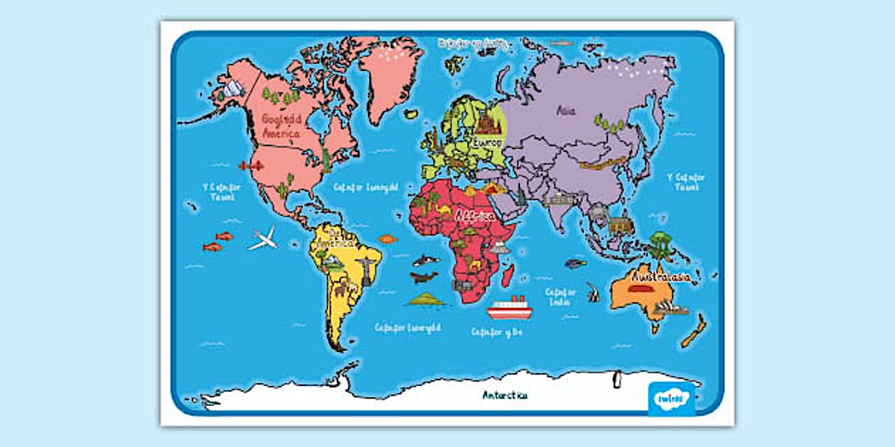 Poster Arddangos Map Darluniadol o'r Byd (teacher made)