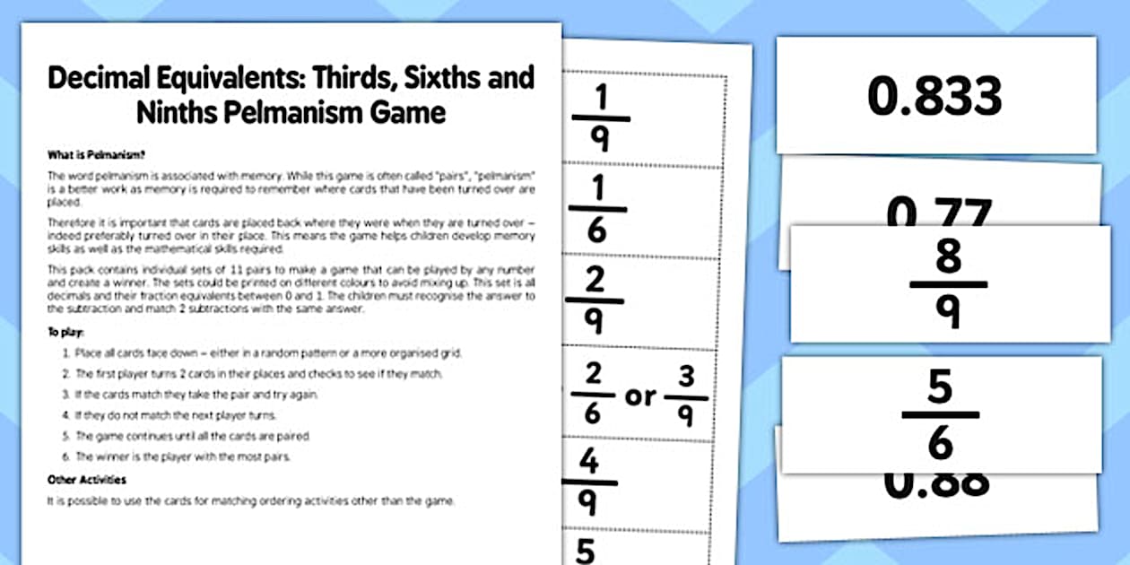 Year 6 Decimal Equivalents Thirds Sixths and and Ninths Pelmanism Game