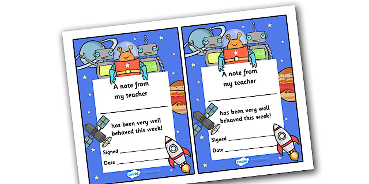 Note From My Teacher Well Behaved This Week (Space Themed)