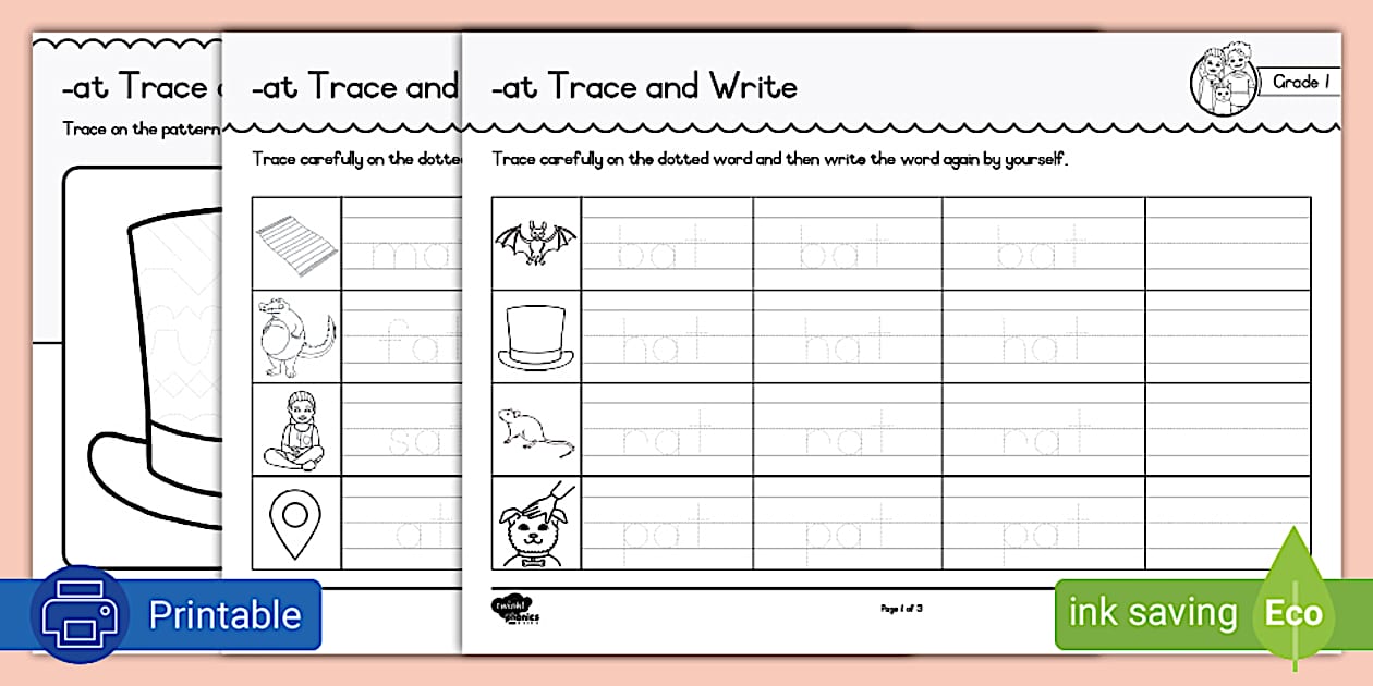 Grade 1 Trace and Write -at pg 2 (teacher made) - Twinkl