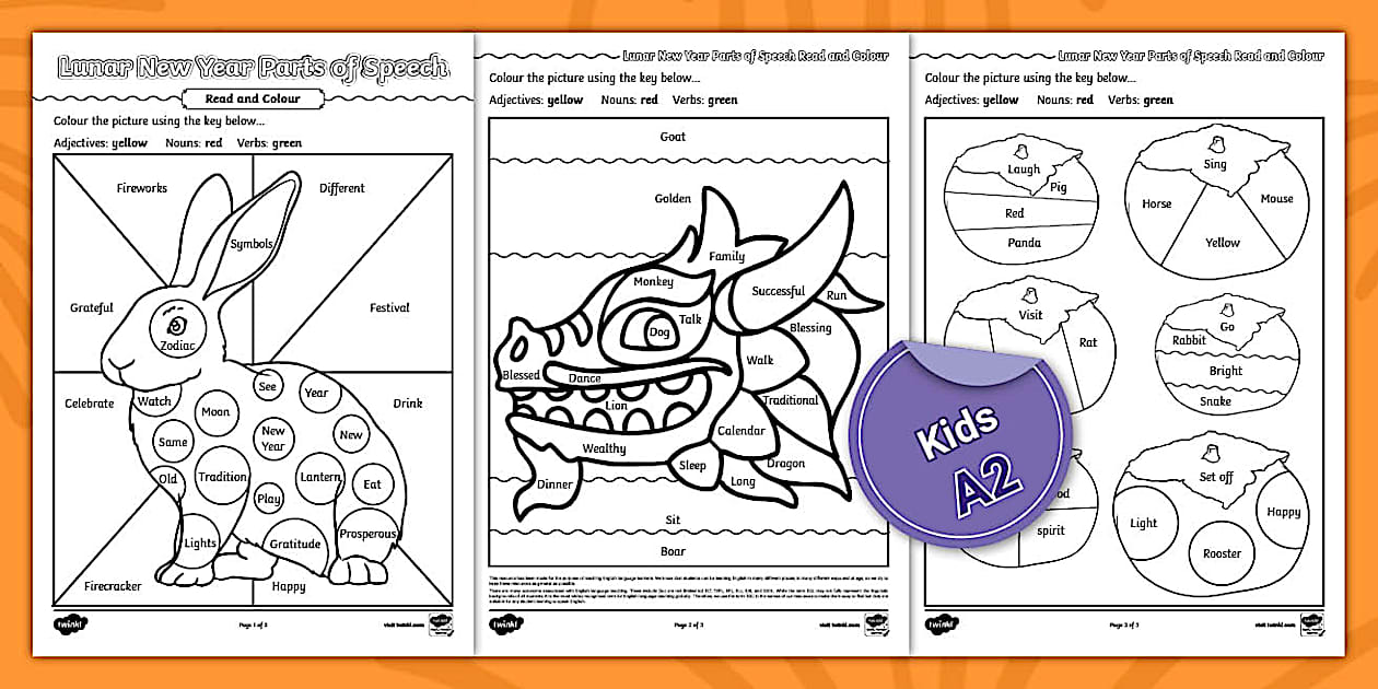 ESL Lunar New Year Parts of Speech Read and Colour [Kids, A2]