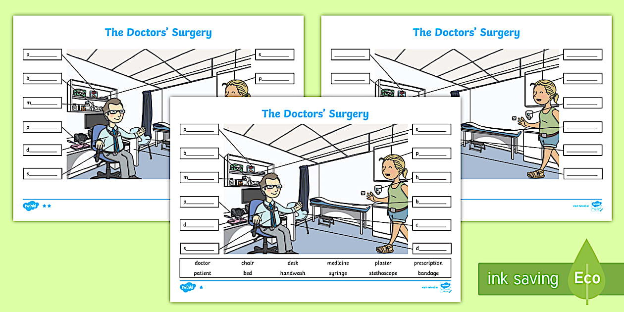 The Doctors' Surgery Aistear Labelling Differentiated Worksheets