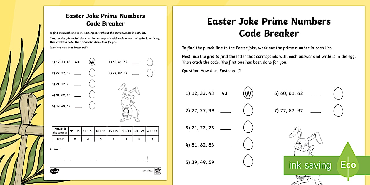 Easter Joke Prime Numbers Code Breaker Worksheet - Twinkl