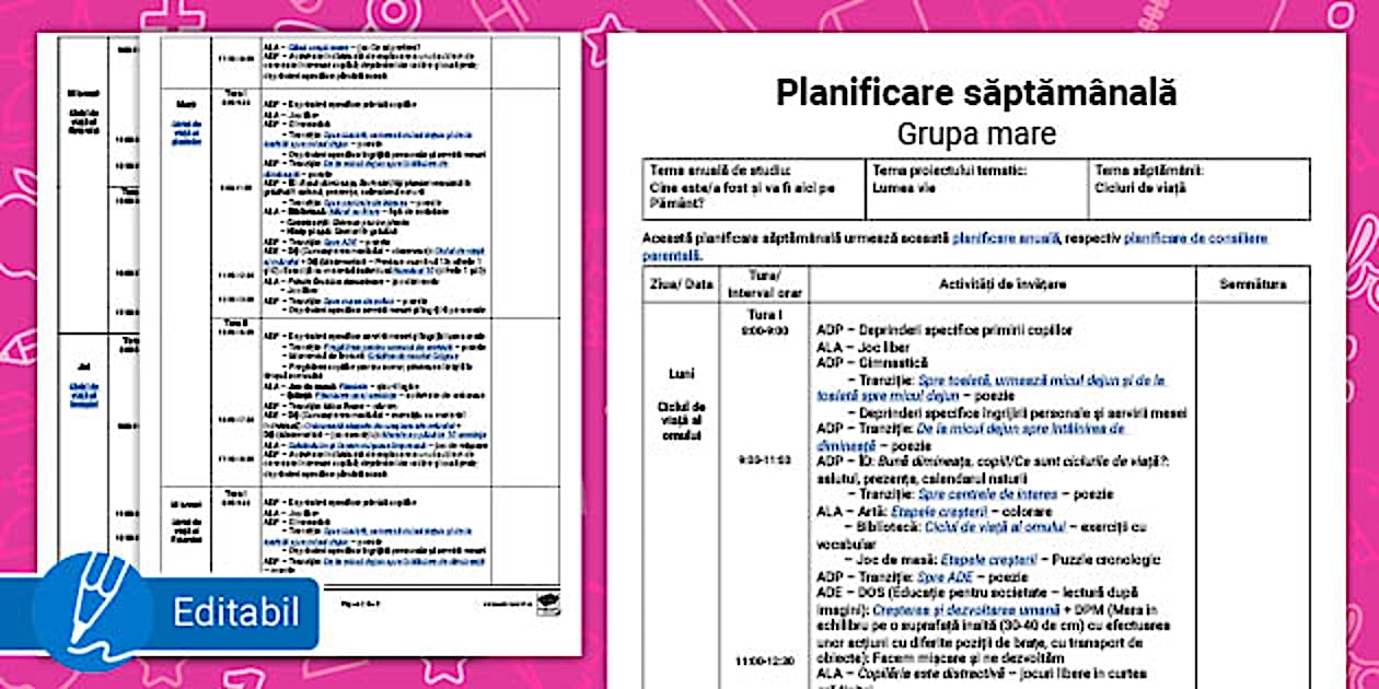 FREE! - Cicluri de viață Model de planificare săptămânală grupa mare