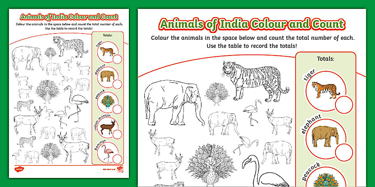 Animals of India Colour and Count Worksheet