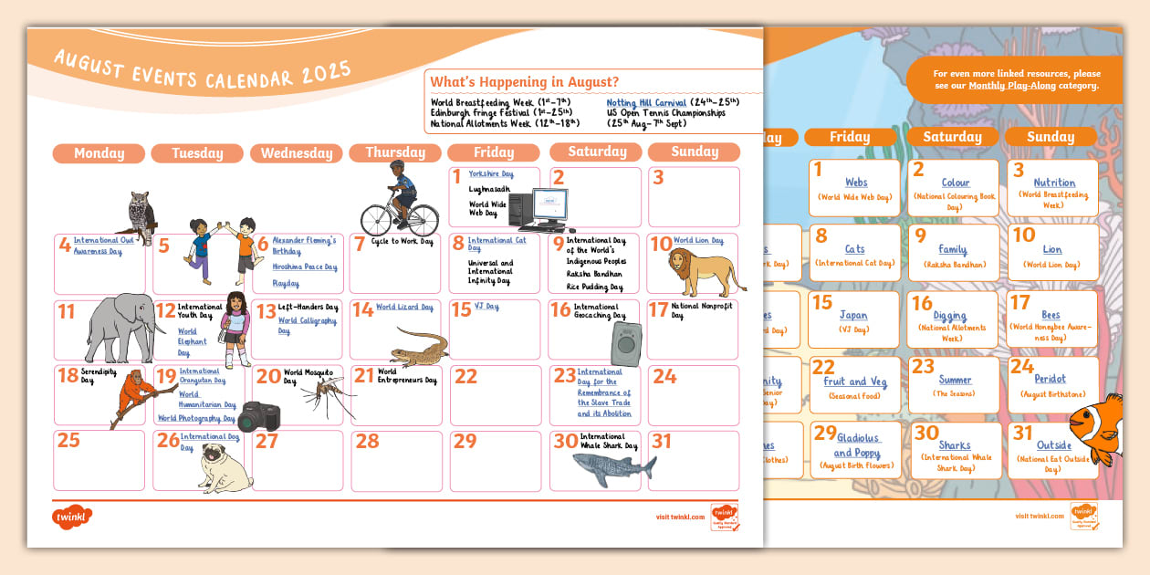 August Events and Play-Along Calendar Pack (2025) - Twinkl