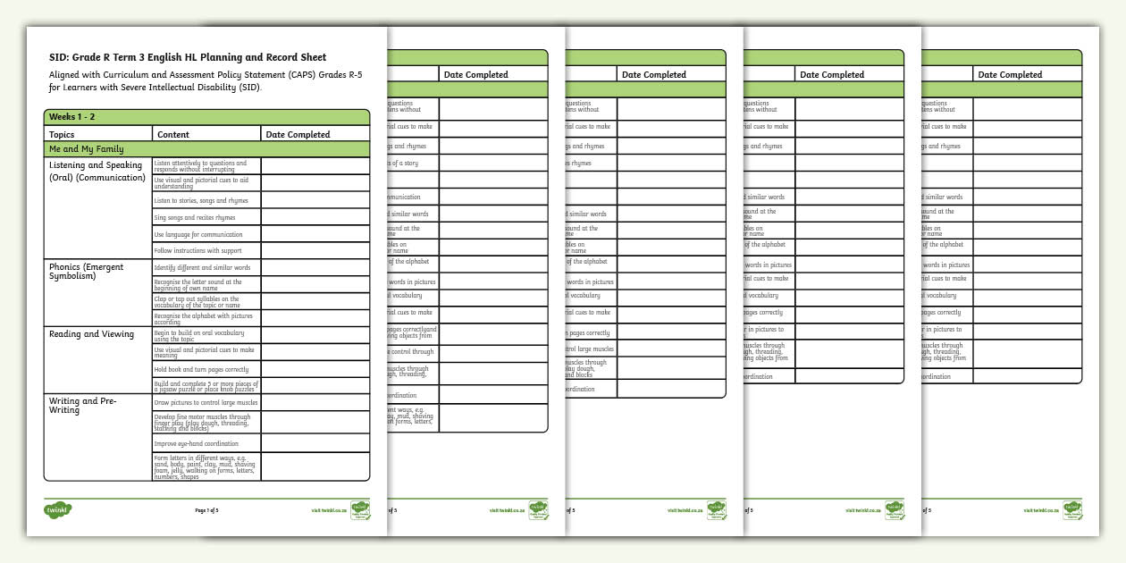 SID: Grade R Term 3 English HL Planning and Record Sheet