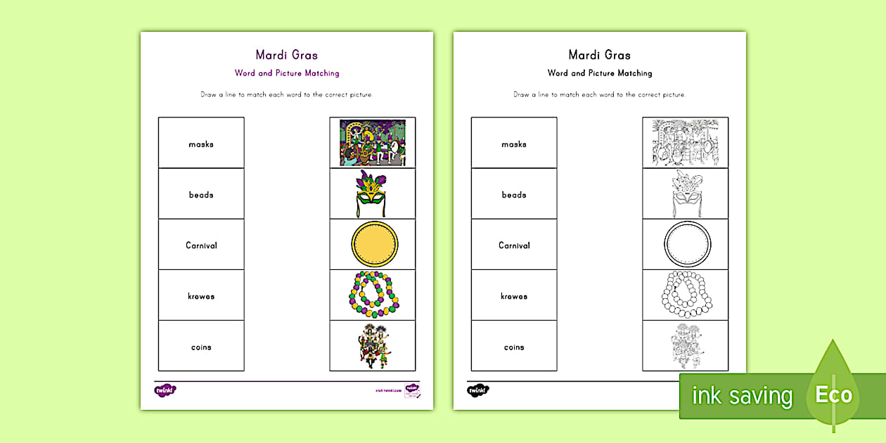 Mardi Gras Word and Picture Matching Activity Worksheet