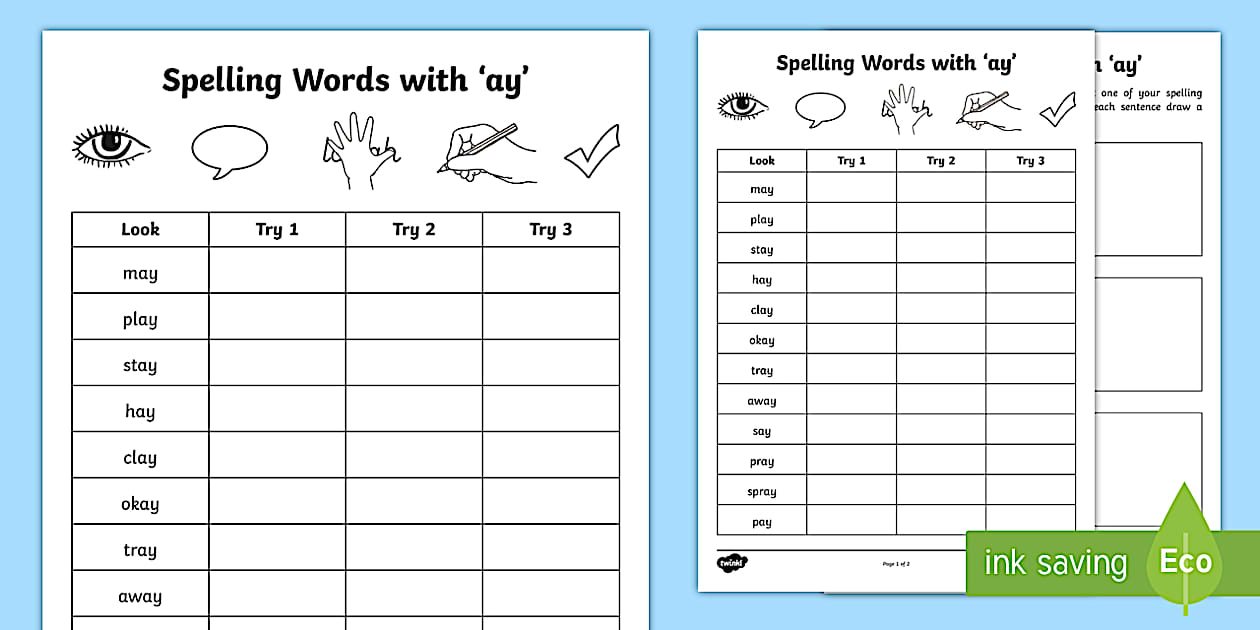 Editable Spelling with 'ay' Worksheet (Lehrer gemacht)