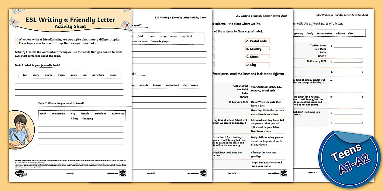 ESL Writing a Friendly Letter Activity Sheet [Teens, A1-A2]