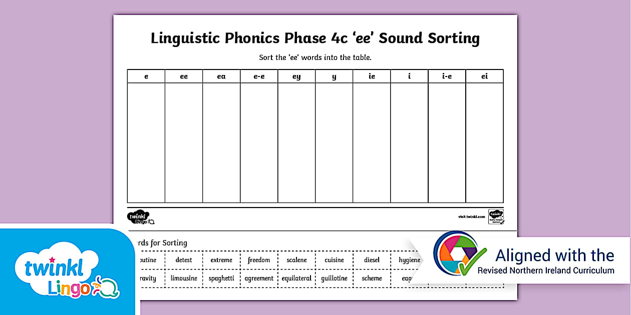 Linguistic Phonics Phase 4c 'ee' Sound Sorting Worksheet