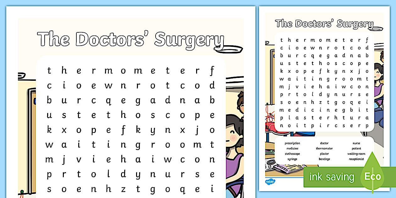Black and White The Doctors' Surgery Aistear Word Search