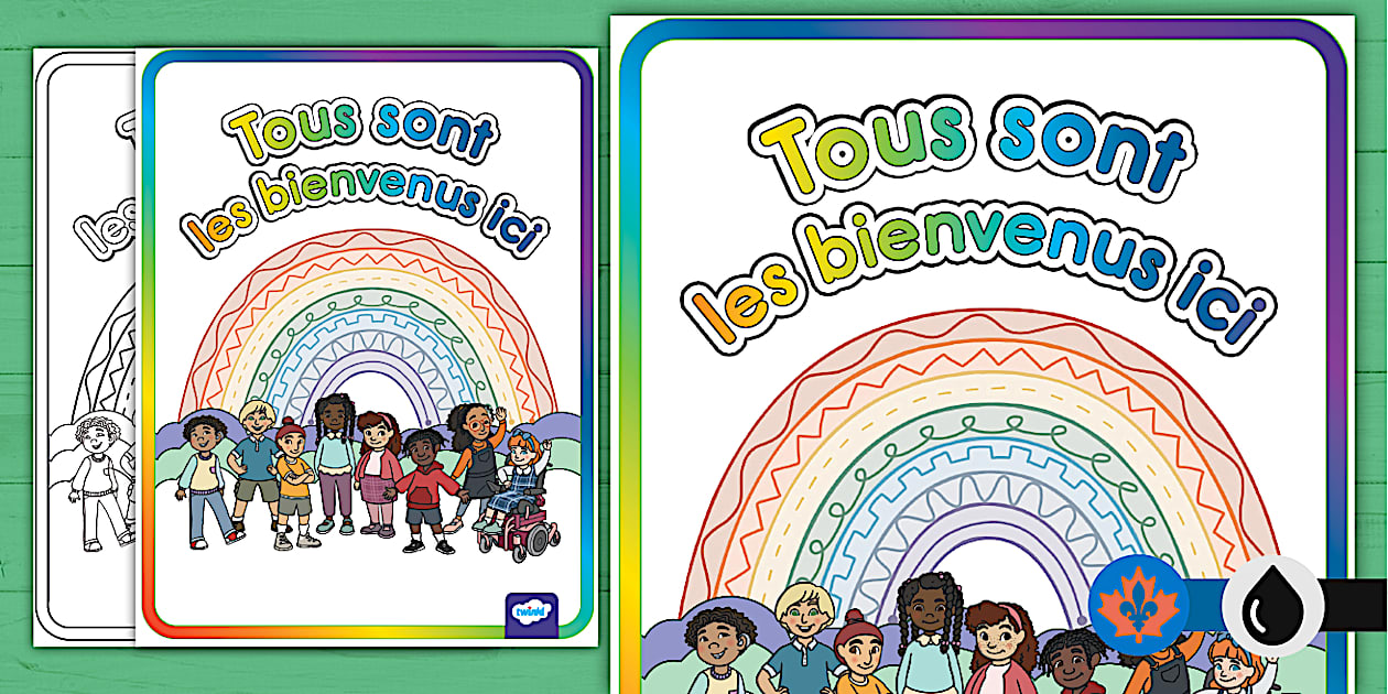 All Are Welcome Here Muted Rainbow-Themed Poster French