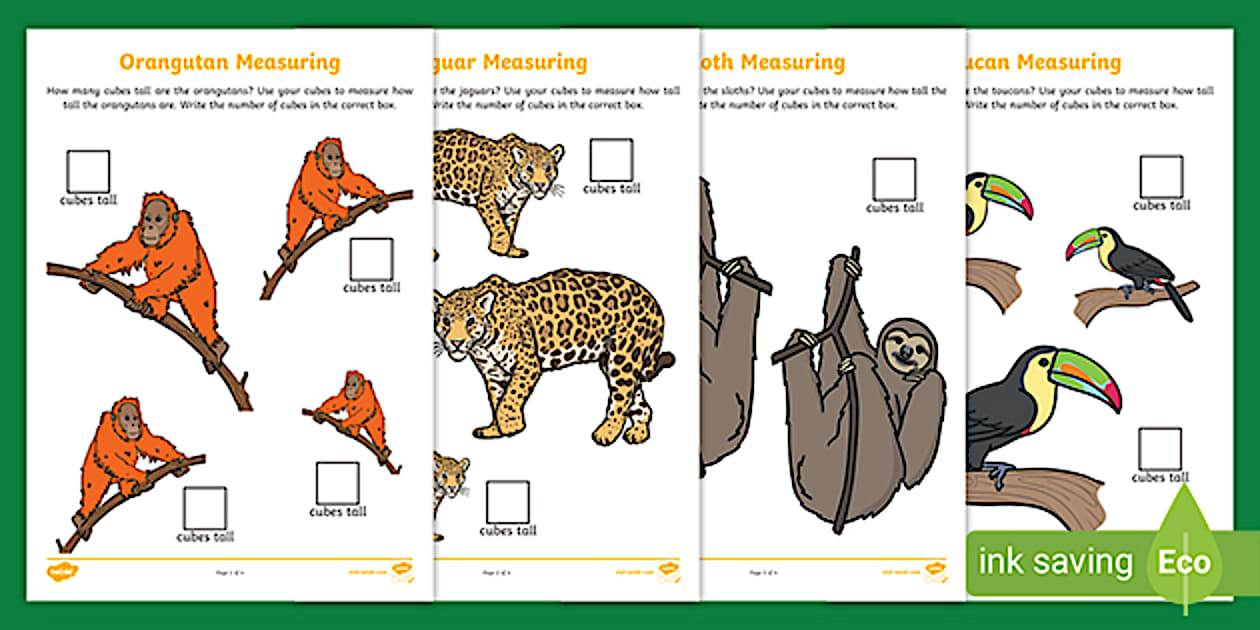 Cursive Jungle Animal Measuring with Cubes Worksheets