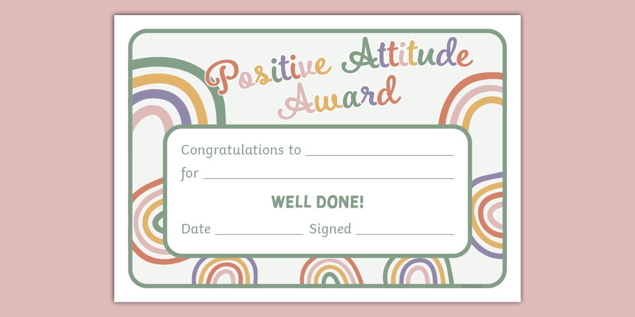 Muted Rainbow Themed Positive Attitude Award Certificate