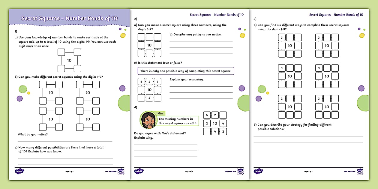 Secret Squares Number Bonds of 10 Worksheet - Twinkl