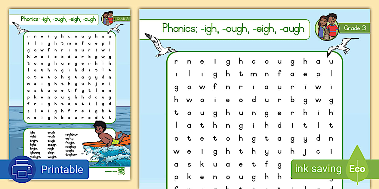 Grade 3 Phonics: igh, ough, eigh, augh: Wordsearch - Twinkl